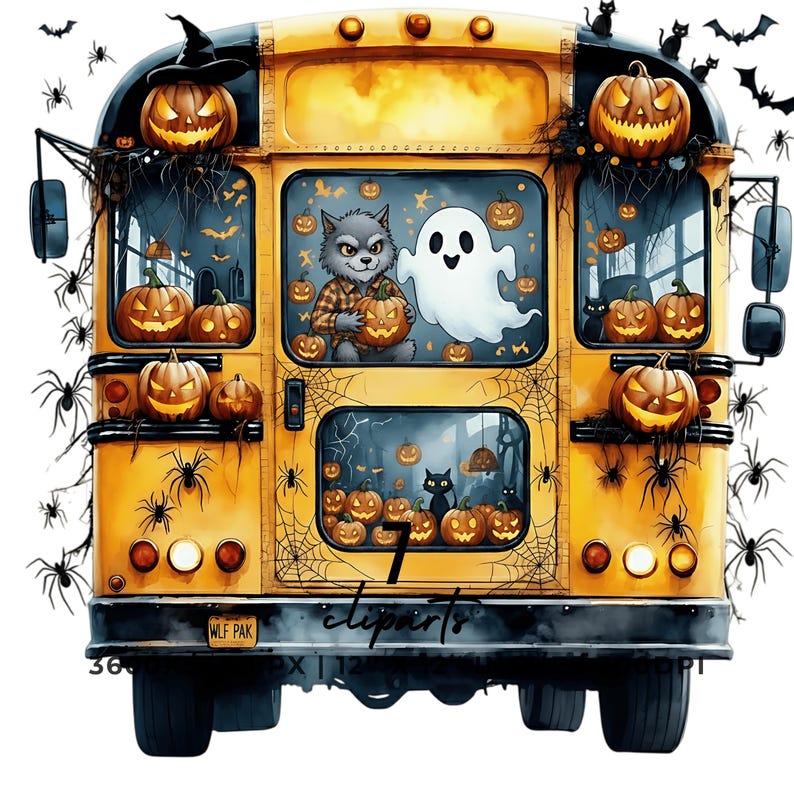 Halloween School Bus Clipart: Spooky Vampire, Ghost, Mummy PNG JPG ...