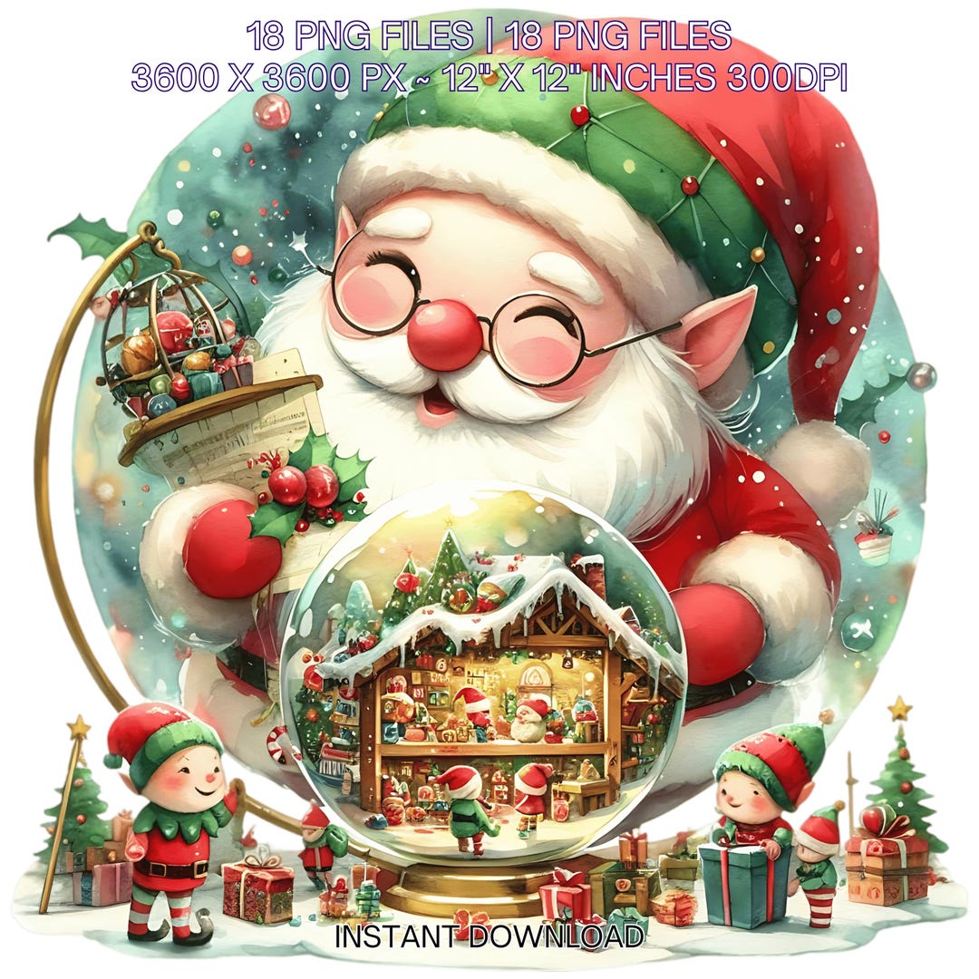 Santa's Workshop Snow Globe Clipart, Christmas Watercolor PNG (digital ...