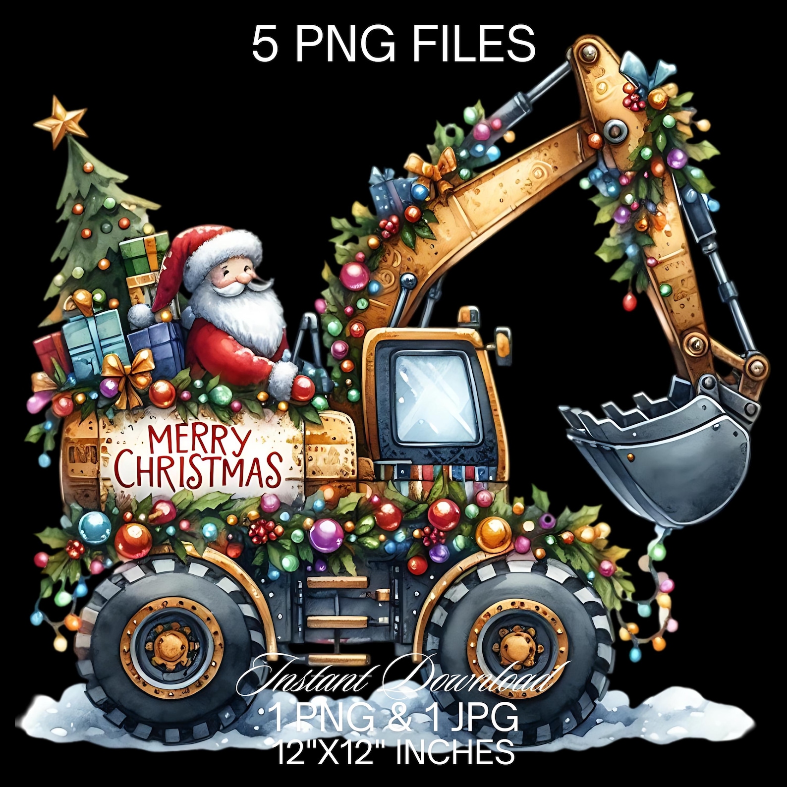 Watercolor Christmas Excavator PNG Clipart: Santa Truck (digital ...