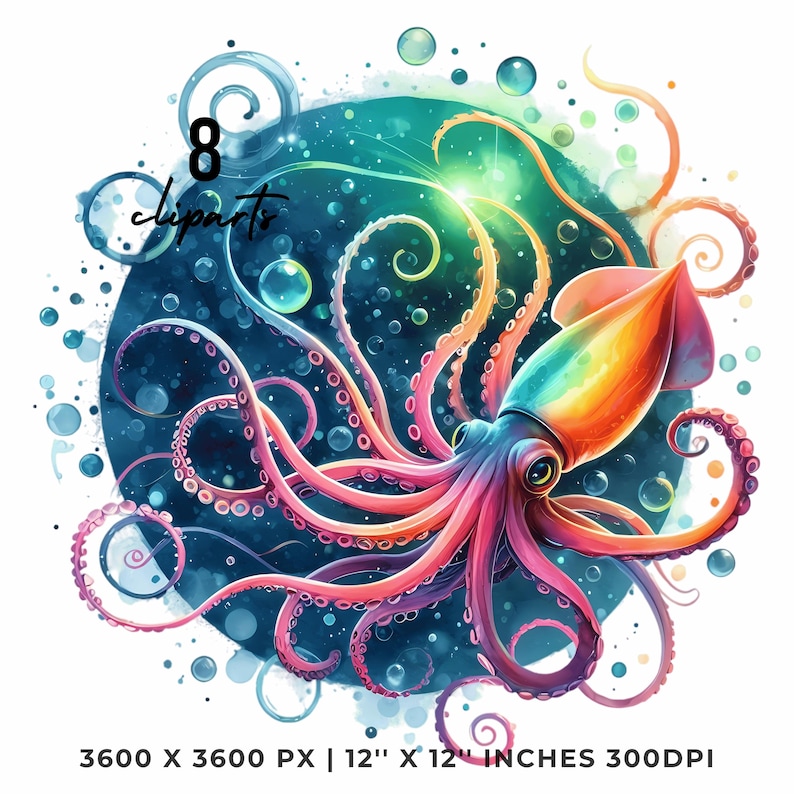 Watercolor Squid Clipart: Neon Deep-sea Creature PNG (digital Download ...