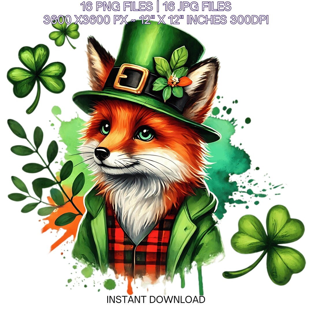 St. Patrick's Day Fox Clipart: Irish Red Fox With Shamrock (PNG JPG ...