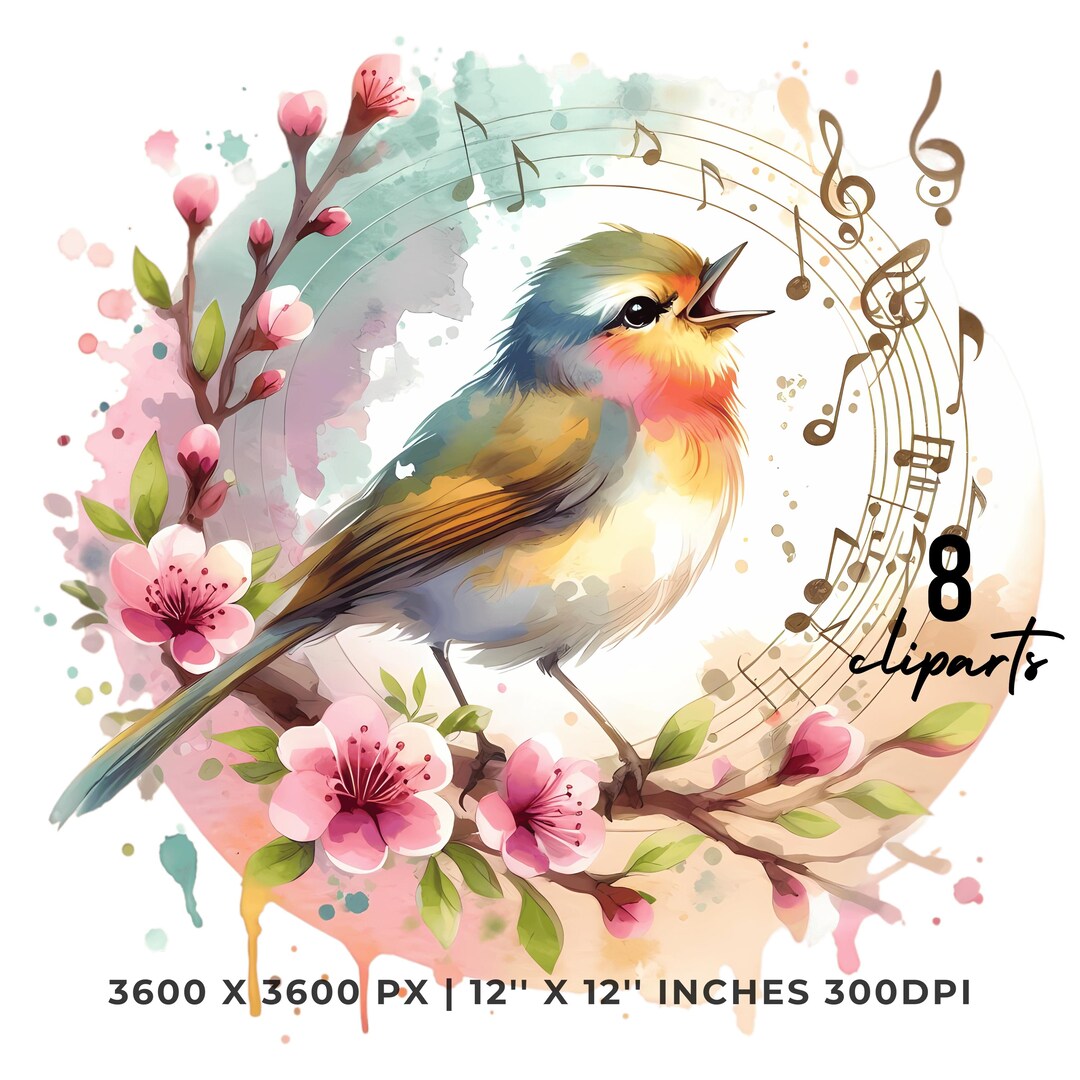 Songbird Clipart PNG: Watercolor Bird on Branch With Music Notes ...