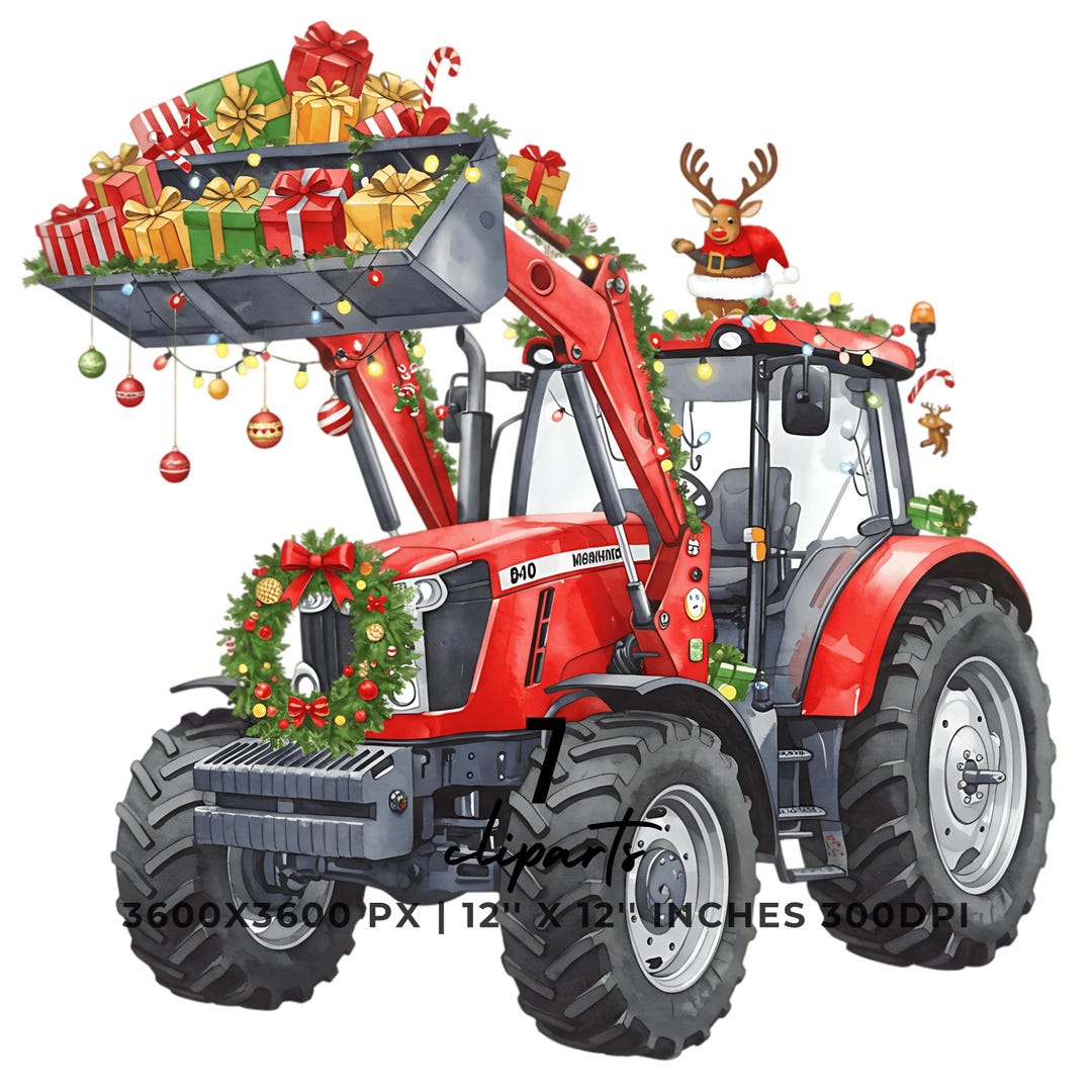 Watercolor Christmas Tractor Clipart – Farm Holiday Graphics (PNG & JPG ...