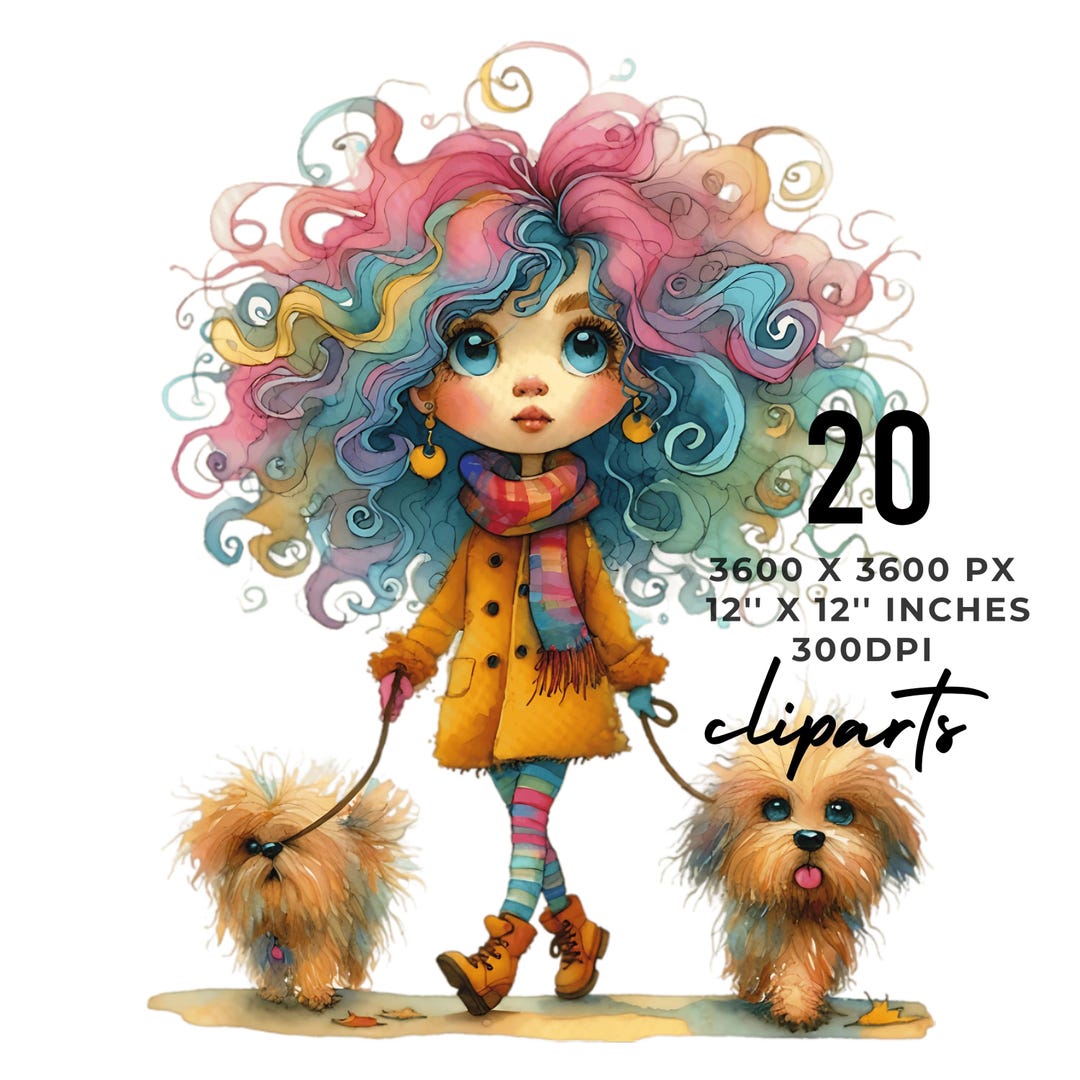 20 Quirky Dog Walker Art High Res Watercolor Jpgs Girl Walking a Dog ...