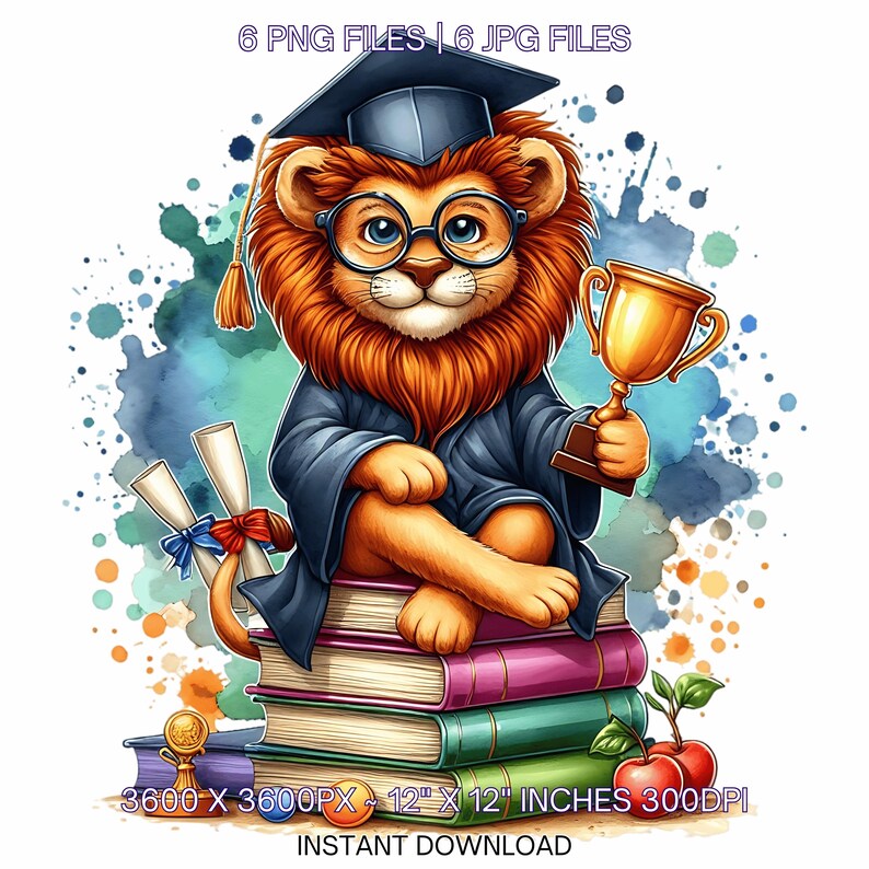 Graduation Lion Clipart: Diploma, Cap, and Gown (PNG, JPG) - Etsy
