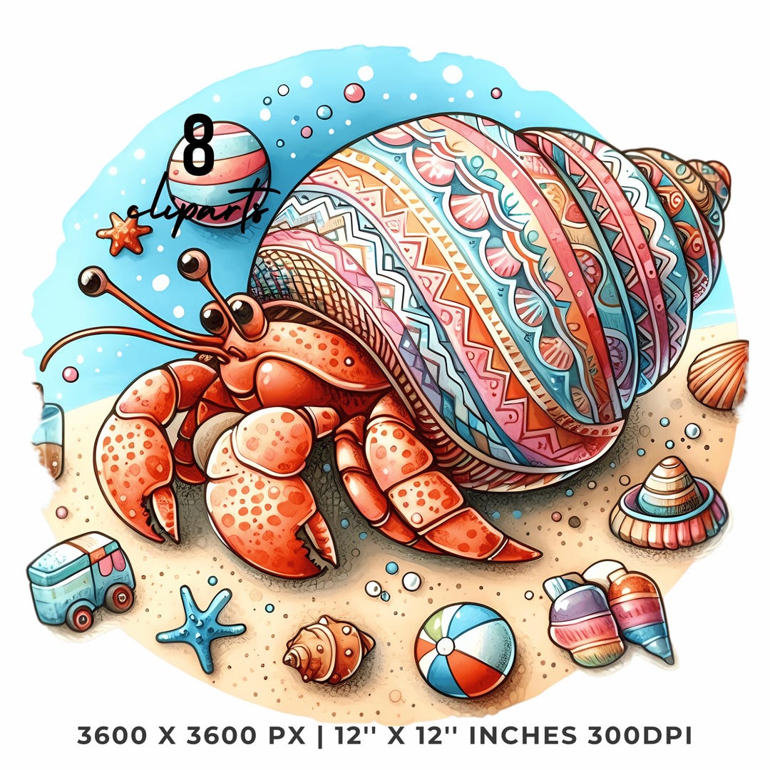 Crab Clipart PNG | 8 Watercolor Hermit Crab in a Patterned Shell ...