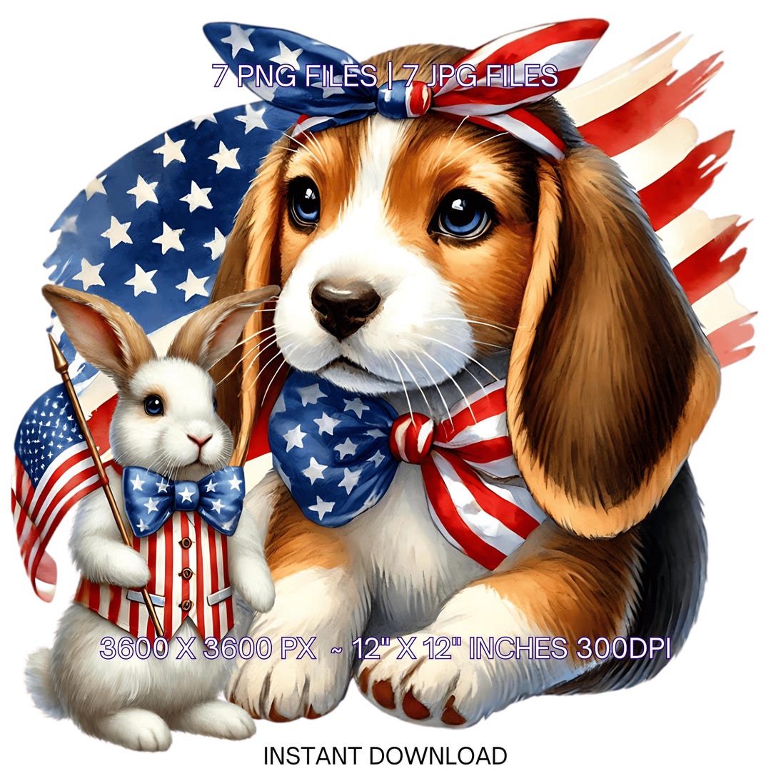 Beagle & Rabbit PNG | 7 Watercolor Beagle Chasing Rabbit Wearing US ...