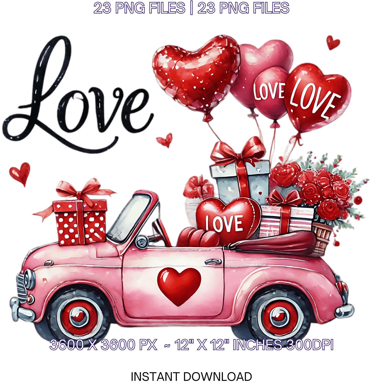 Watercolor Valentine Car Clipart: Love Cabriolet PNG (digital Download ...