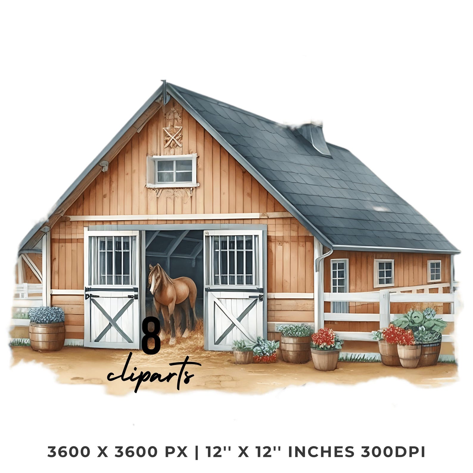 Watercolor Horse Stable Clipart: Country Farm PNG (digital Download) - Etsy