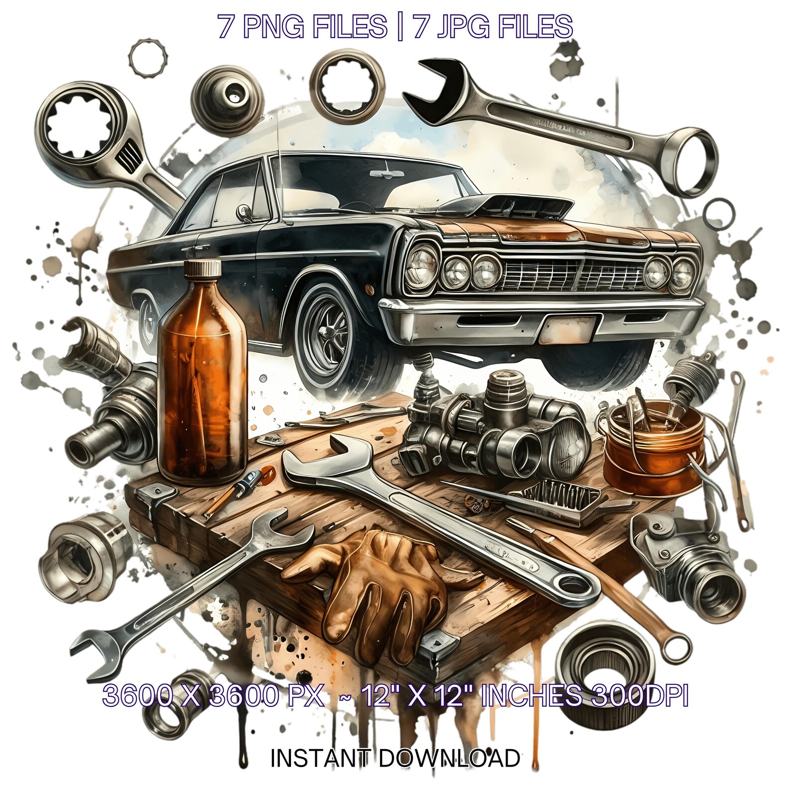Watercolor Mechanic Clipart: Car Repair Tools (PNG JPG Digital Download ...