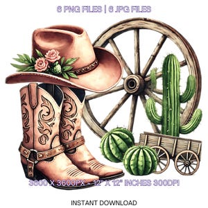 Cowgirl Clipart: Boots, Hat, Wagon Wheel, Cactus (PNG JPG Digital ...