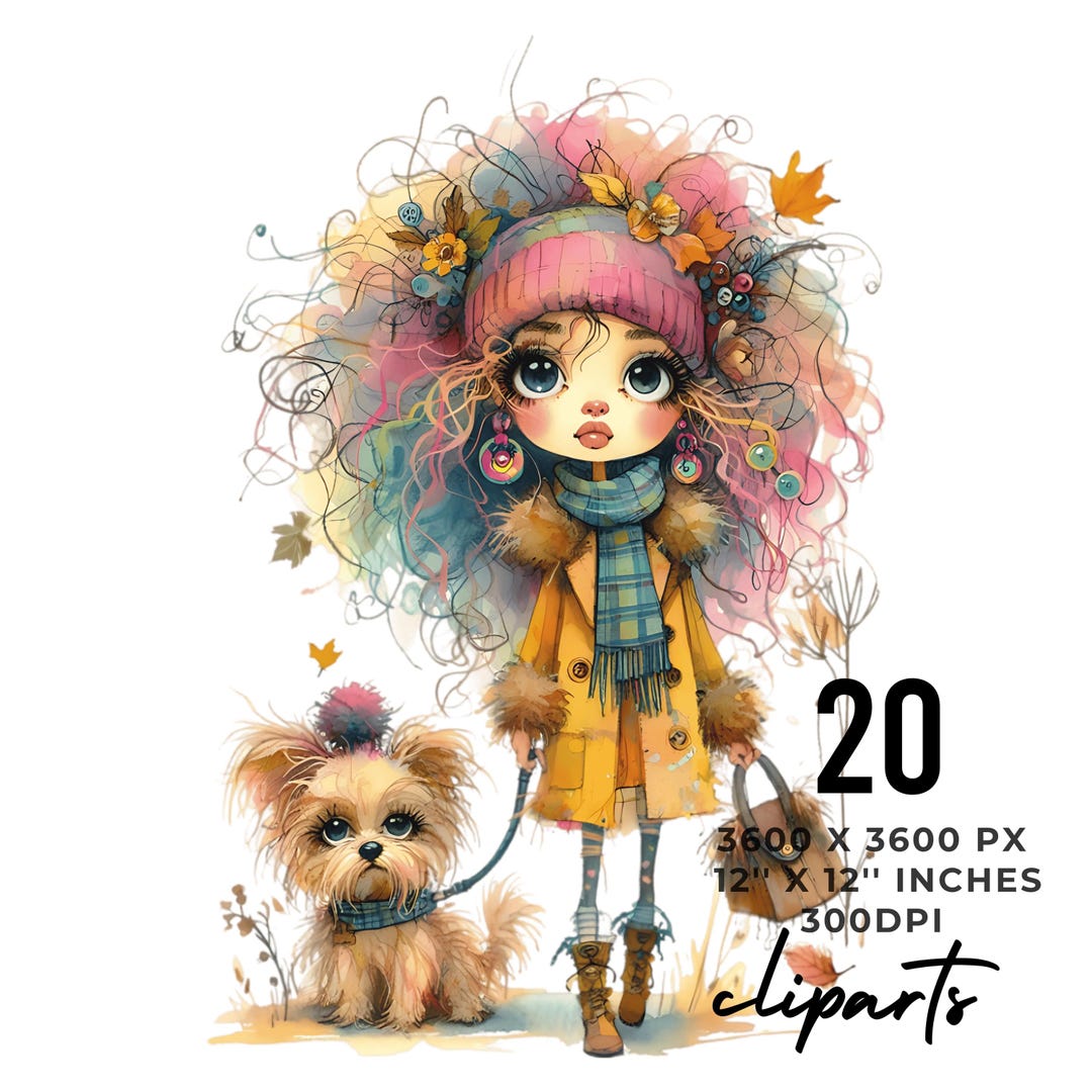20 Quirky Dog Walker Art High Res Watercolor Jpgs | Girl Walking a Dog ...