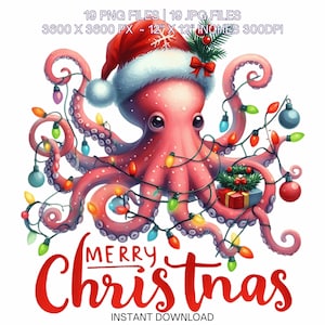 19 Merry Christmas Octopus Clipart PNG | Watercolor Ocean Animals Sea ...