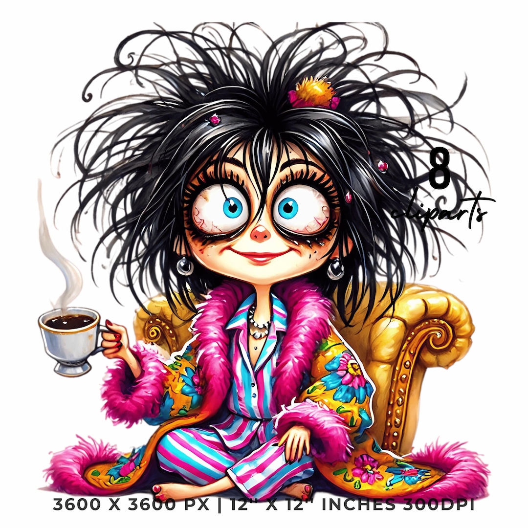 8 Crazy Coffee Woman in Pijama PNG Clipart Funny Coffee Lady Cute ...