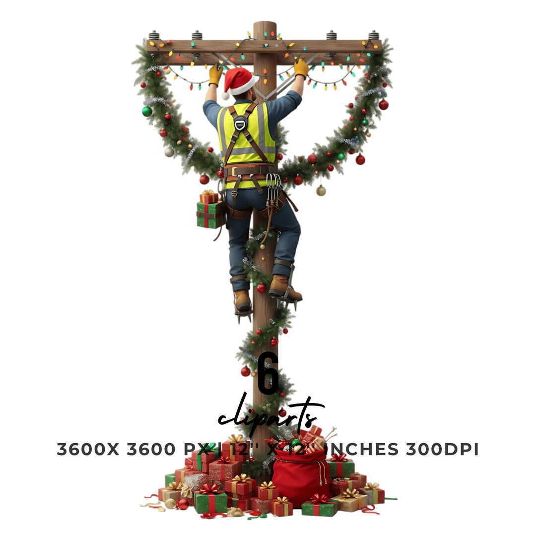 Christmas Lineman Clipart, Santa Electrician, Holiday Utility Pole (PNG ...