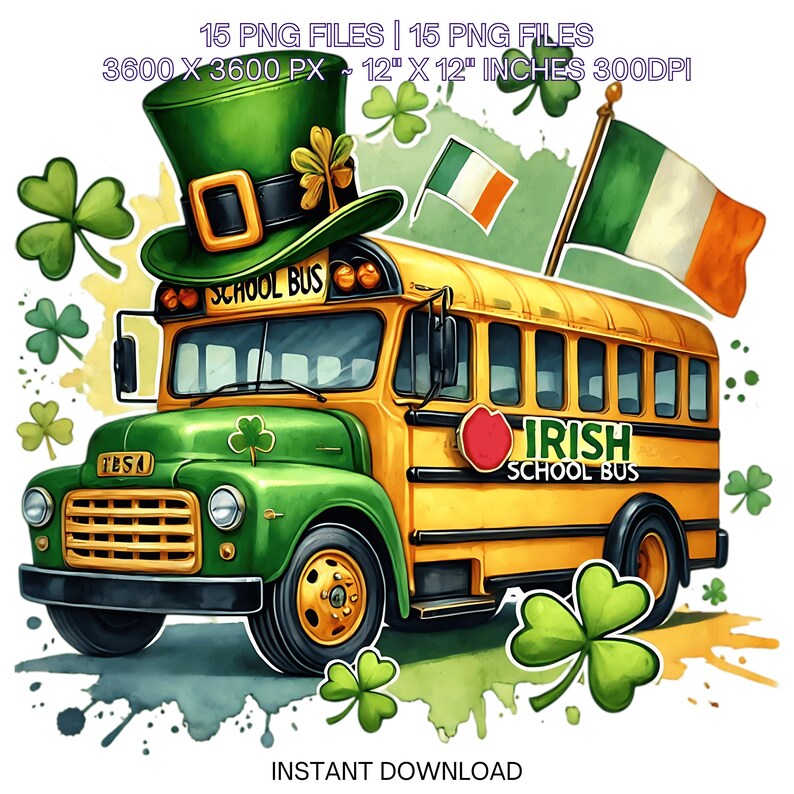 St. Patrick's Day School Bus Clipart | Irish Shamrock PNG (digital ...