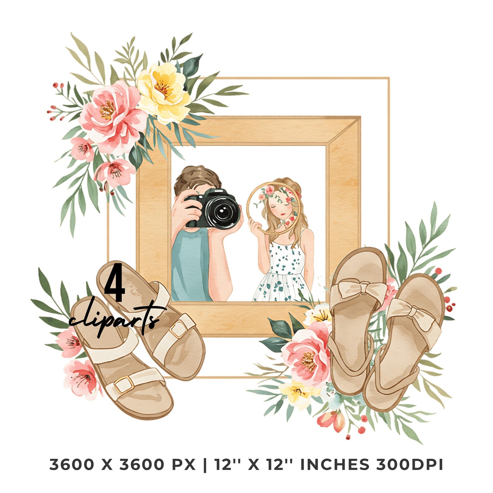 Summer Photographer Clipart: Floral Sandals Frame (PNG & JPG, 12"x12 ...