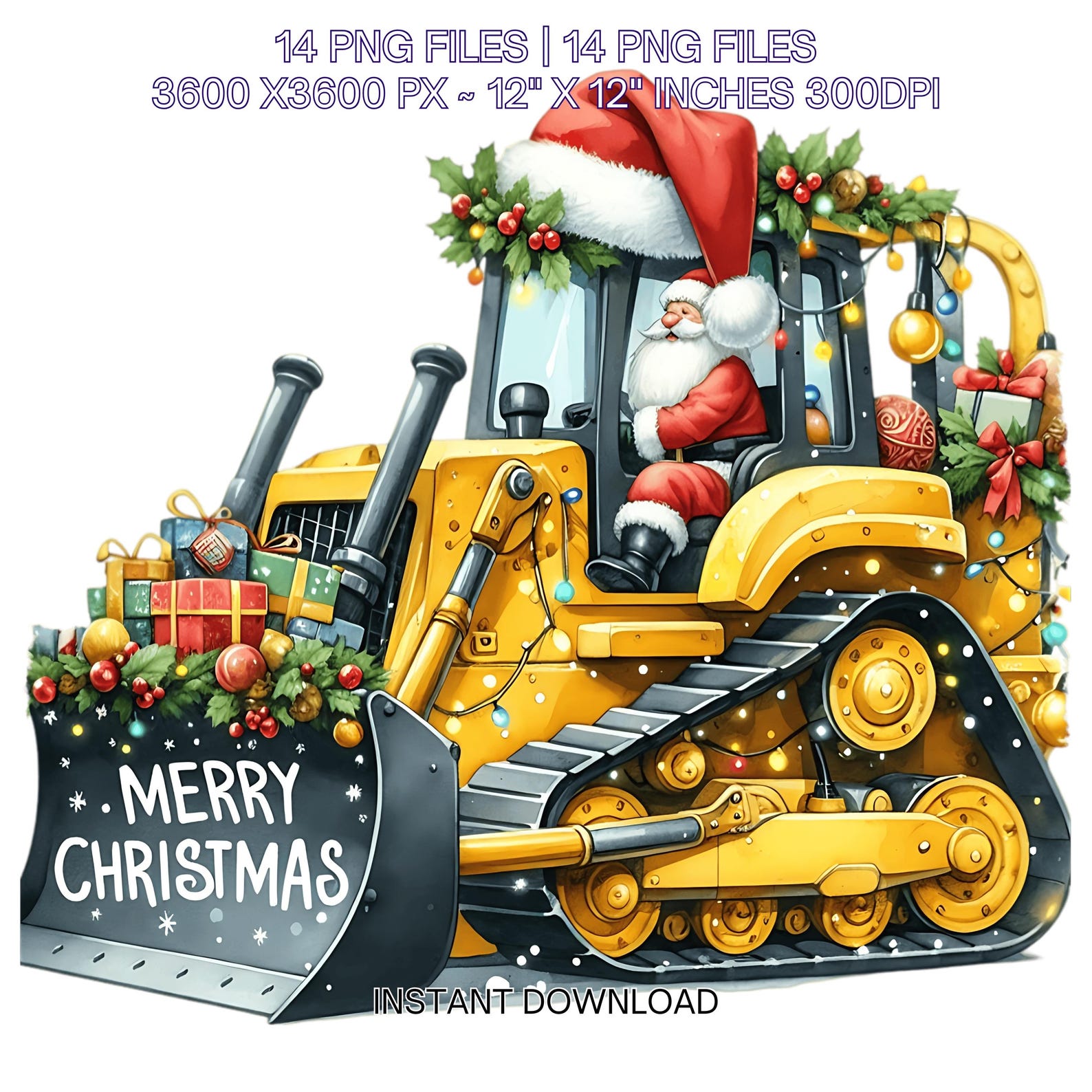 14 Merry Christmas BULLDOZER PNG Clipart | Watercolor Construction ...