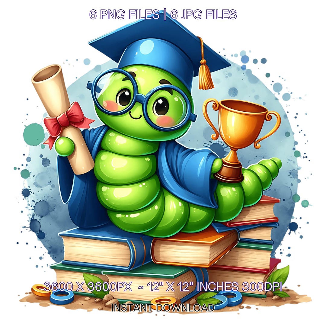 Kindergarten Worm Wearing Cap Holding a Diploma PNG | Graduation Green ...