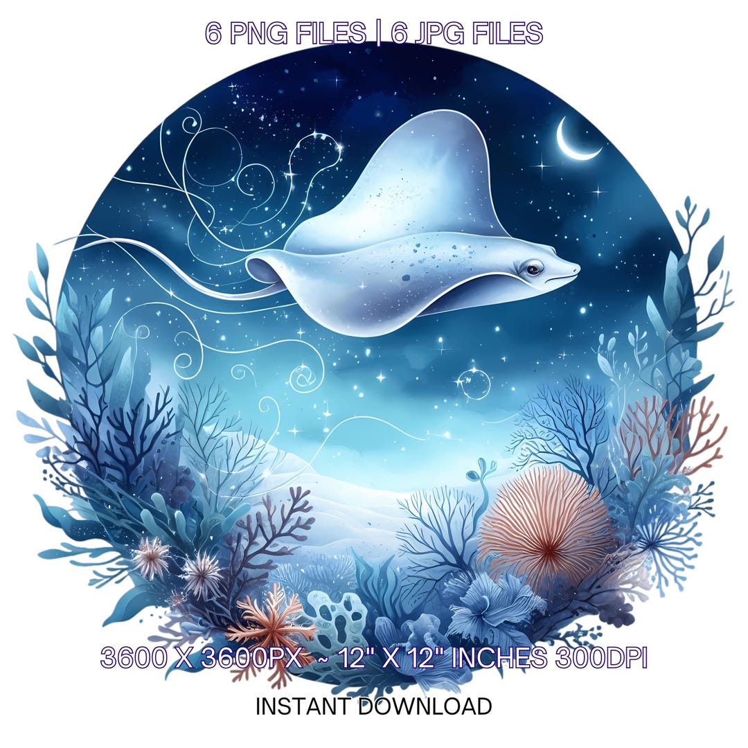 Underwater Ray PNG | 6 Watercolor Ray Gliding Over a Reef Bed With ...