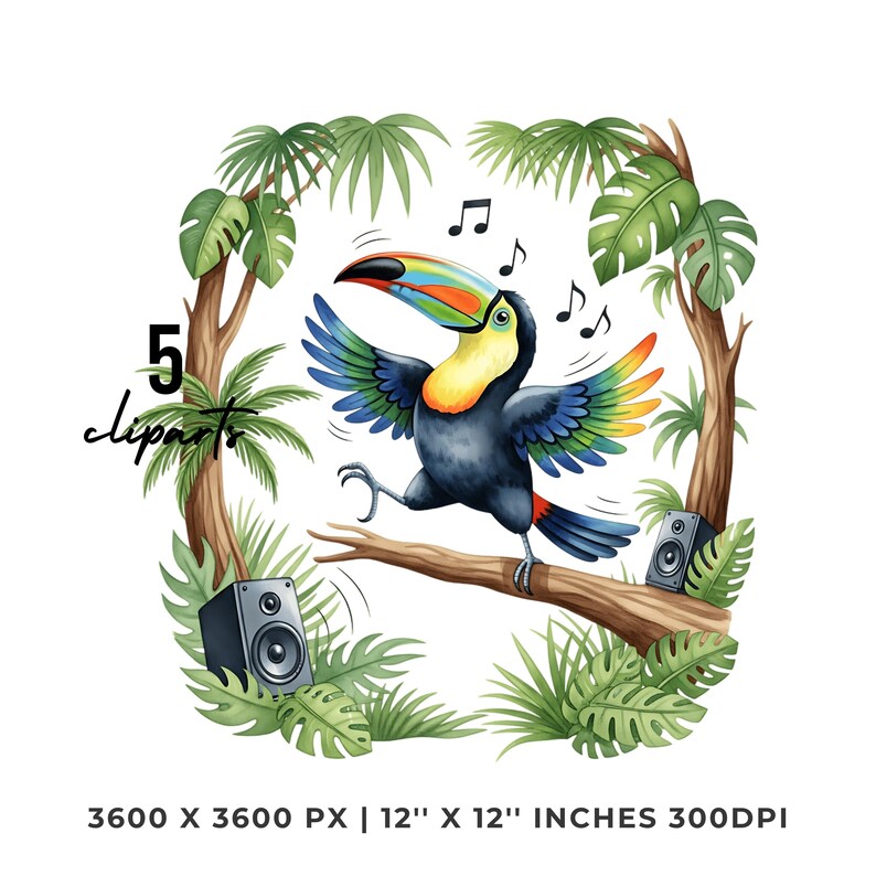 Watercolor Toucan Clipart: Jungle Tree Branch PNG, JPG (digital ...