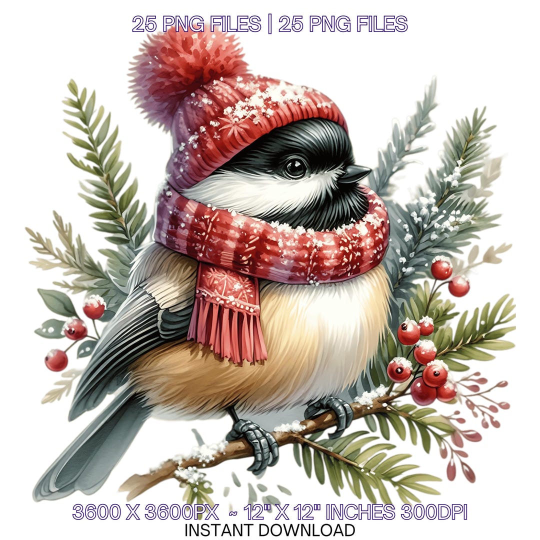 25 Christmas Chickadee Birds Clipart PNG, Watercolor Papercraft, Junk ...