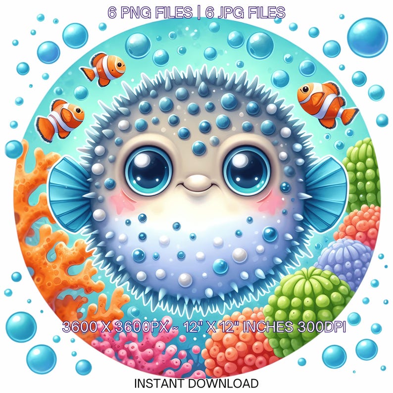Watercolor Pufferfish Clipart: Smiling Fish PNG, Corals (digital ...