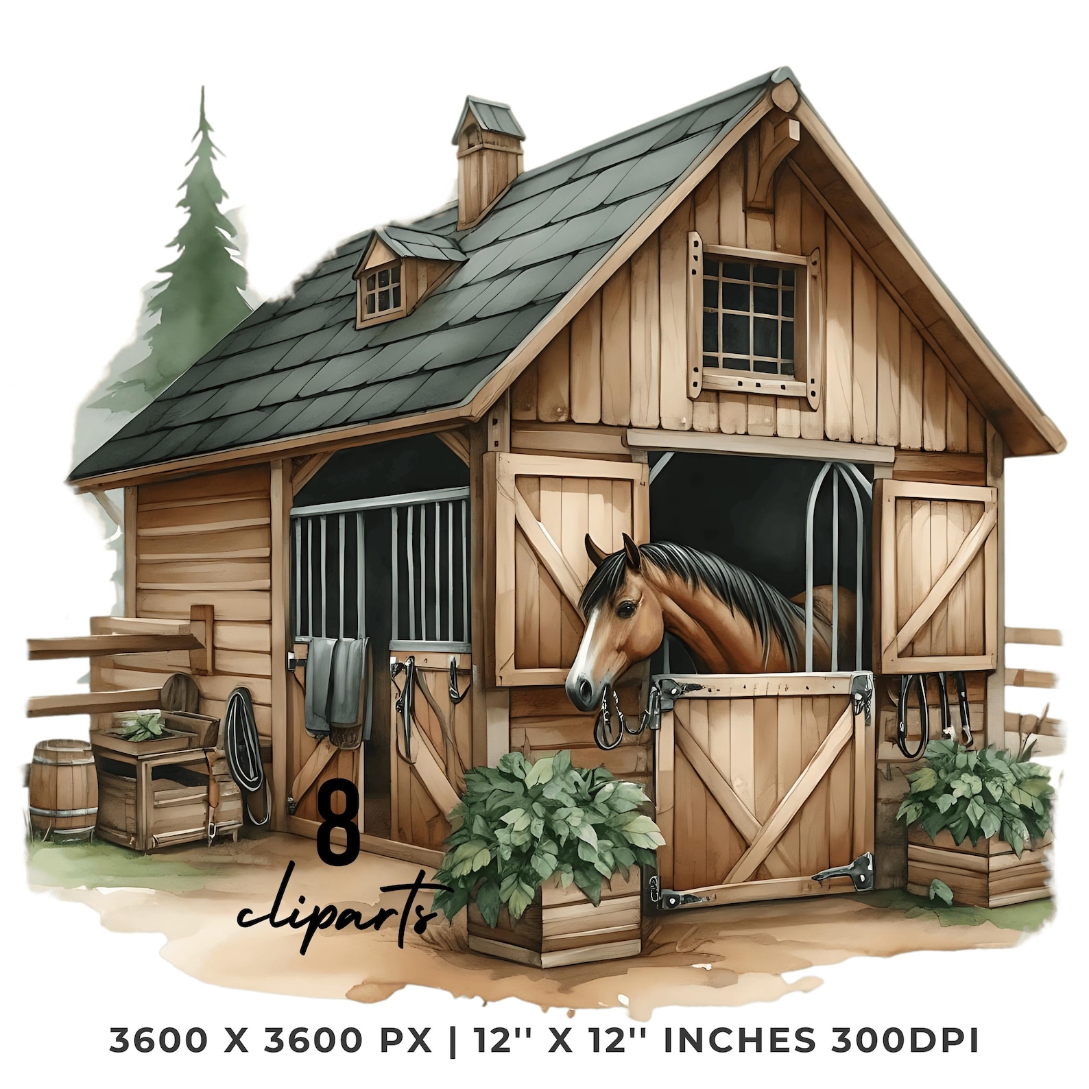 Watercolor Horse Stable Clipart: Country Farm PNG (digital Download) - Etsy