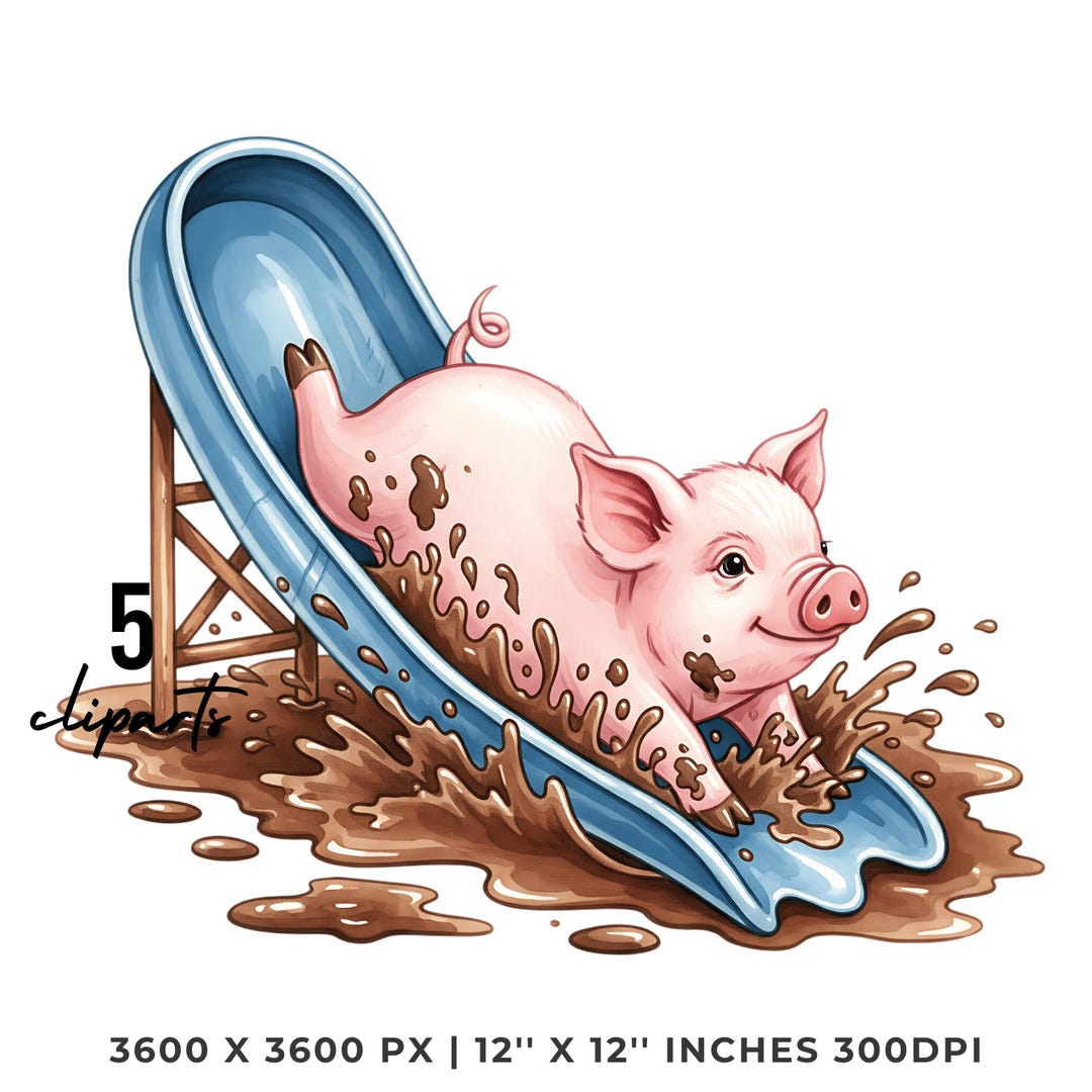 Piglet Clipart PNG | 4 Watercolor Piglet Sliding in Mud Puddle and ...