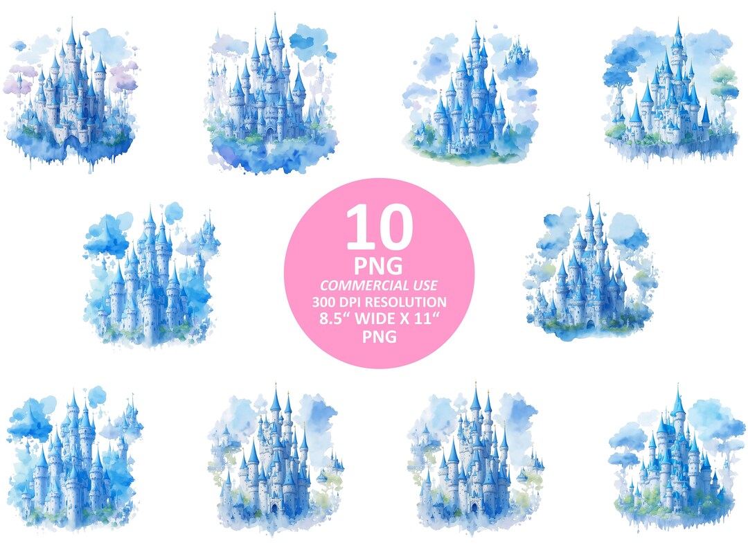 Watercolor Blue Princess Castle Clipart PNG Watercolor for Sublimation ...
