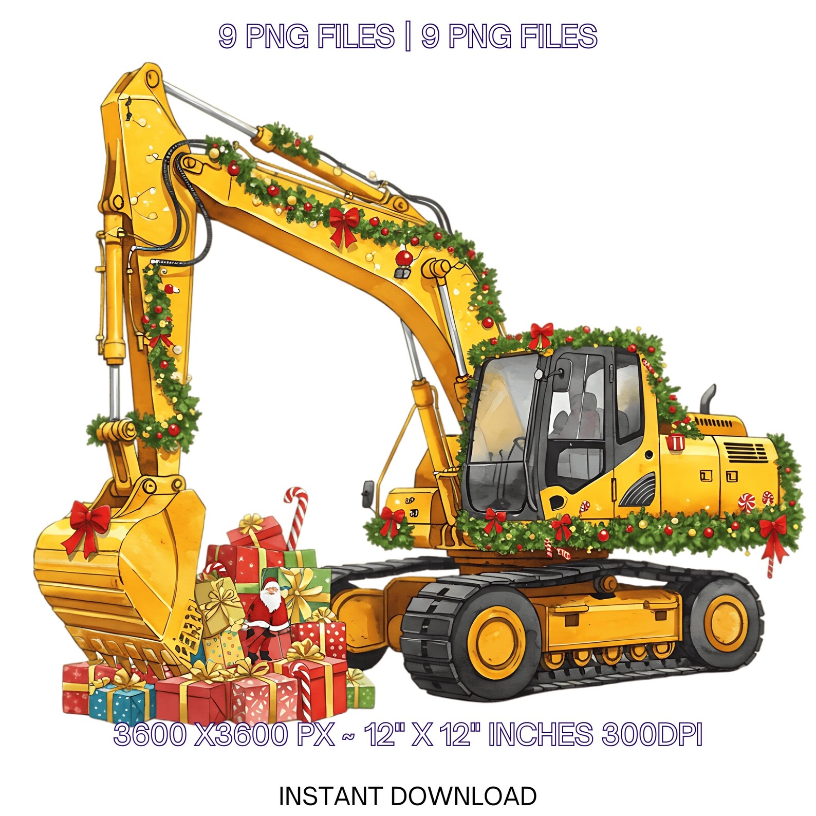 Watercolor Christmas Excavator Clipart – Santa Digger Graphics (PNG ...