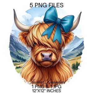 Highland Cow Watercolor Clipart PNG | 5 Mountains Highland Cattle Blue ...