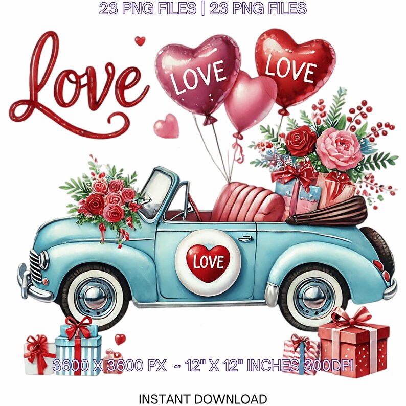 Watercolor Valentine Car Clipart: Love Cabriolet PNG (digital Download ...