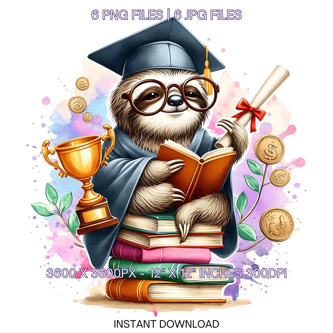 Kindergarten Graduation Sloth Clipart: Diploma PNG, (digital Download ...