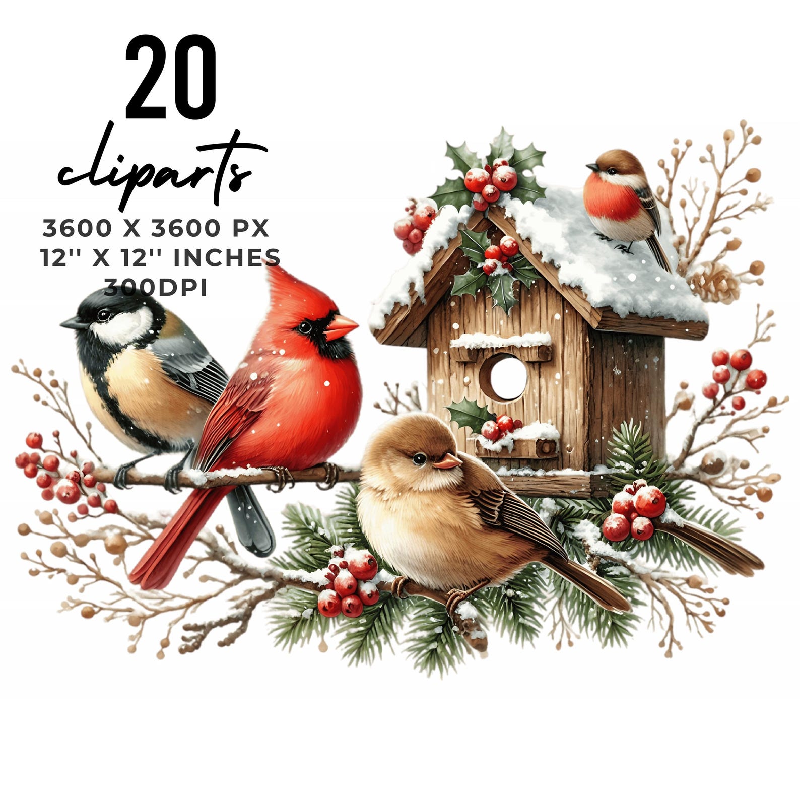 19 Trio Christmas Birds Clipart PNG, Printable Watercolor Papercraft ...