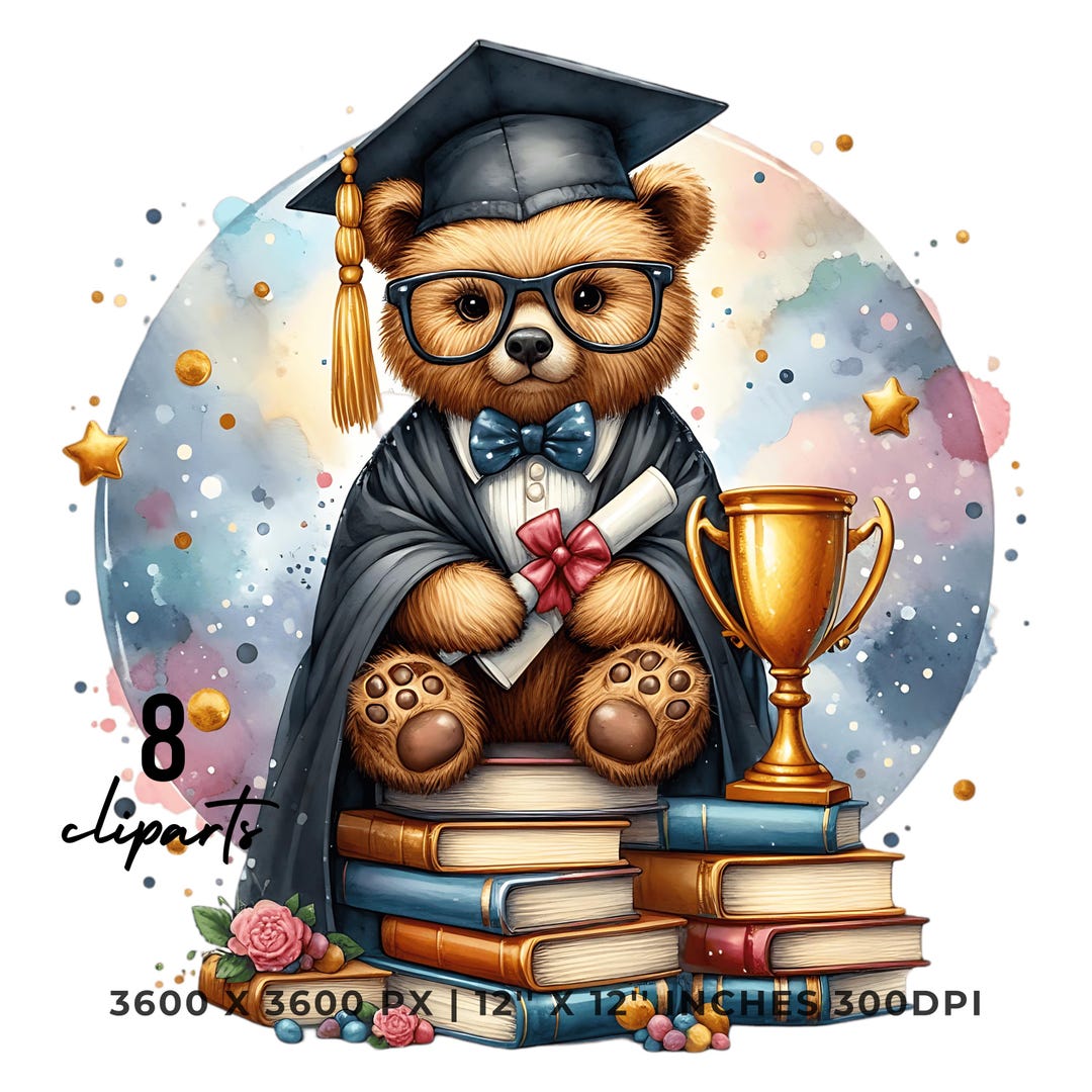 Graduation Bear Clipart: Diploma, Cap, Gown (PNG, JPG) - Etsy