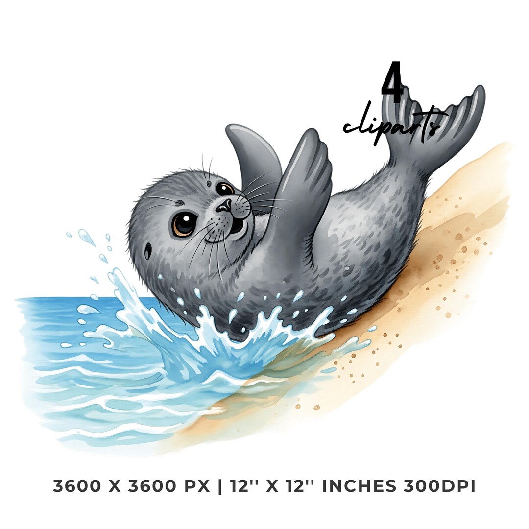 Summer Seal Clipart PNG | 4 Watercolor Happy Baby Seal Sliding a Sandy ...