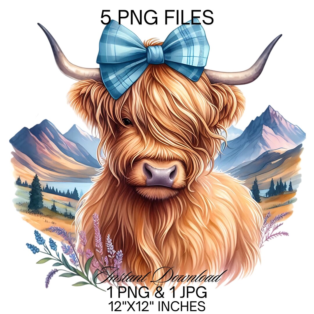 Highland Cow Watercolor Clipart PNG | 5 Mountains Highland Cattle Blue ...
