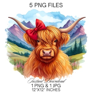 Highland Cow Watercolor Clipart PNG 5 Mountains Highland Cattle Red ...
