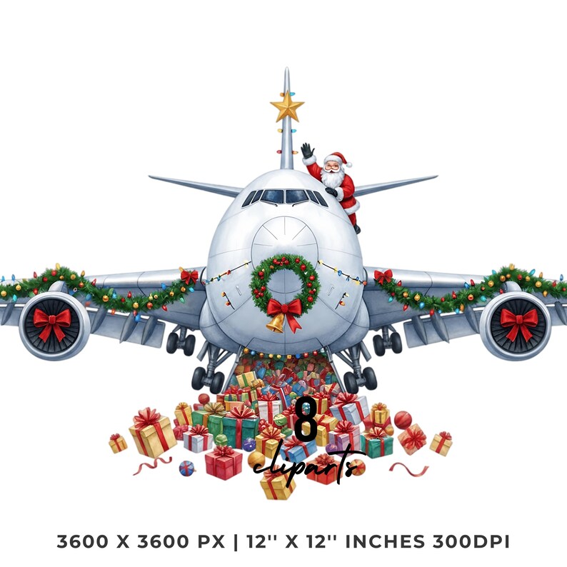 Santa's Holiday Jet Christmas Plane Clipart Bundle - Festive Aircraft ...