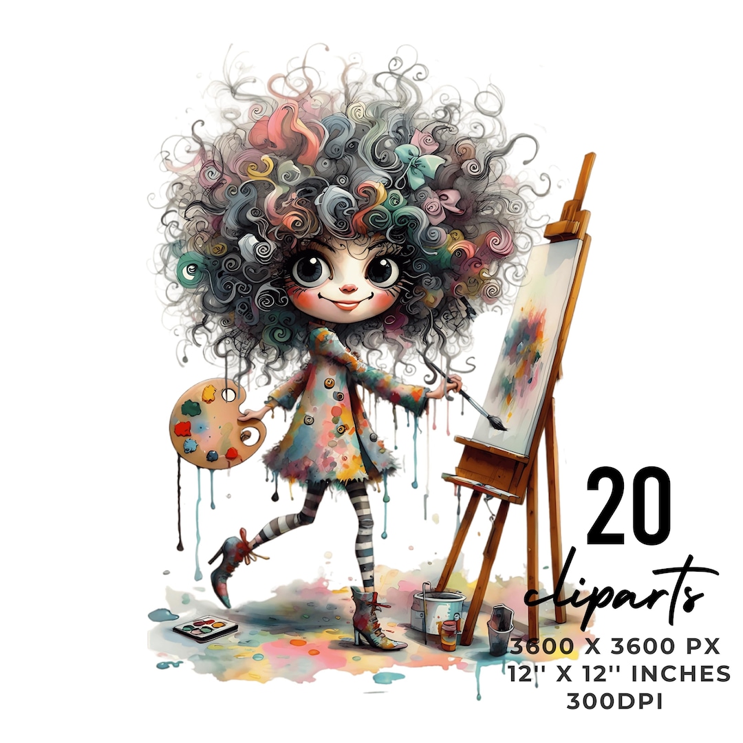 20 Young Messy, Curly Hair Woman at Her Easel in a Vibrant, Quirky ...