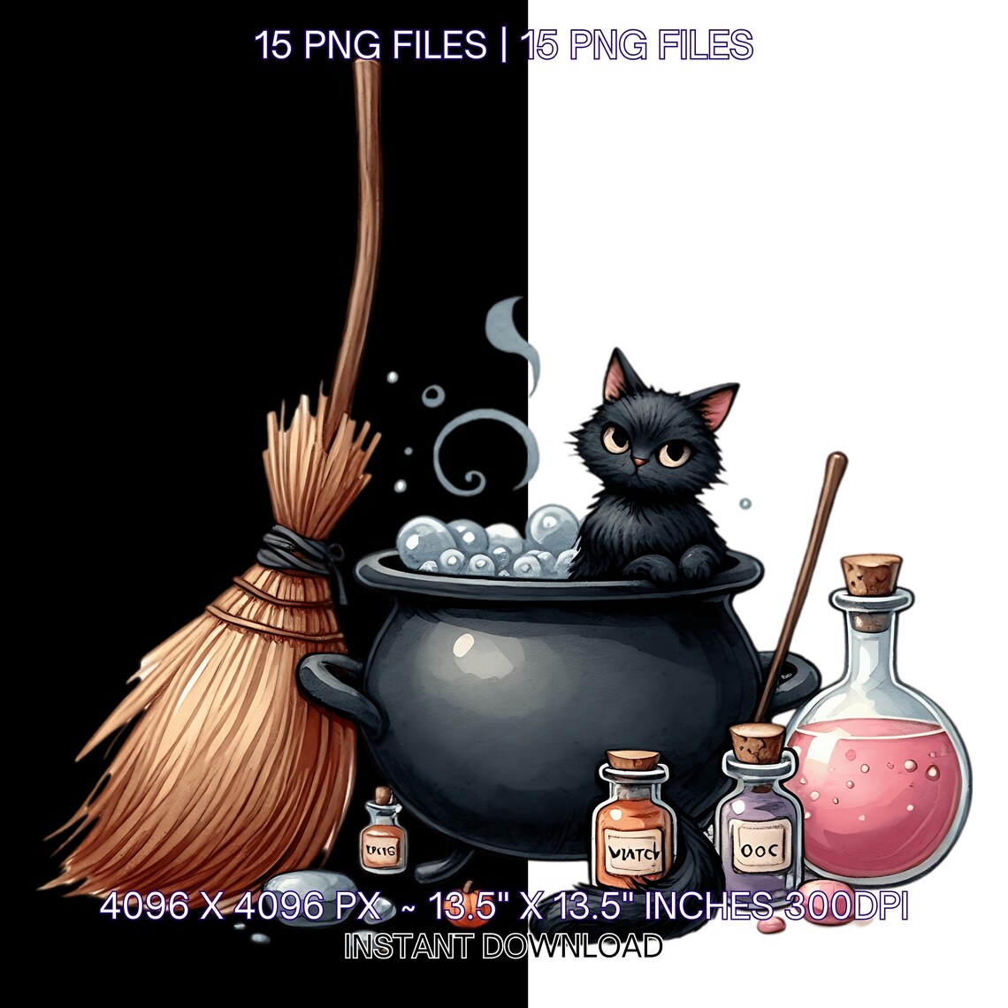 Halloween Witch Clipart PNG | Broom, Cat, Witch Hat (digital Download ...