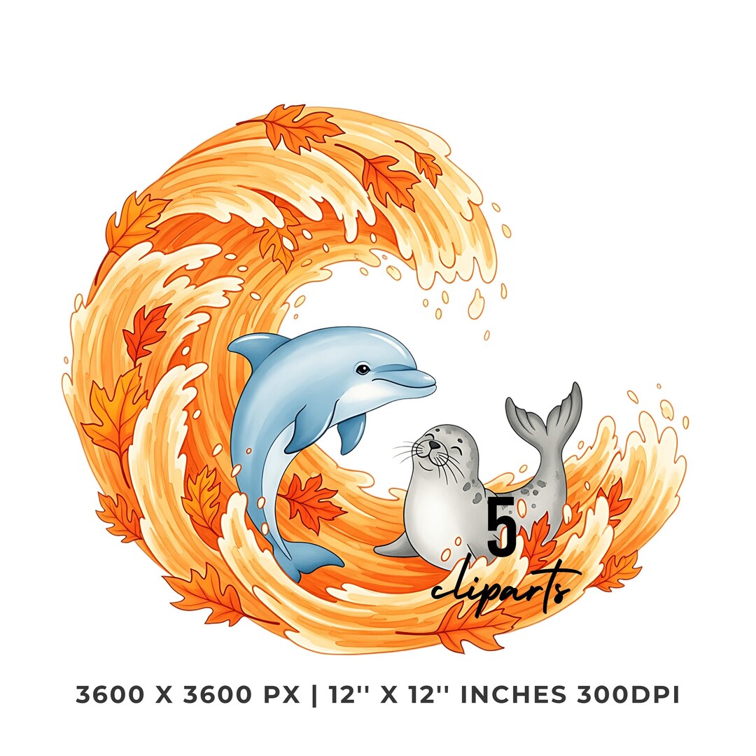 Dolphin and Seal Clipart: Leafy Wave PNG & JPG (digital Download ...