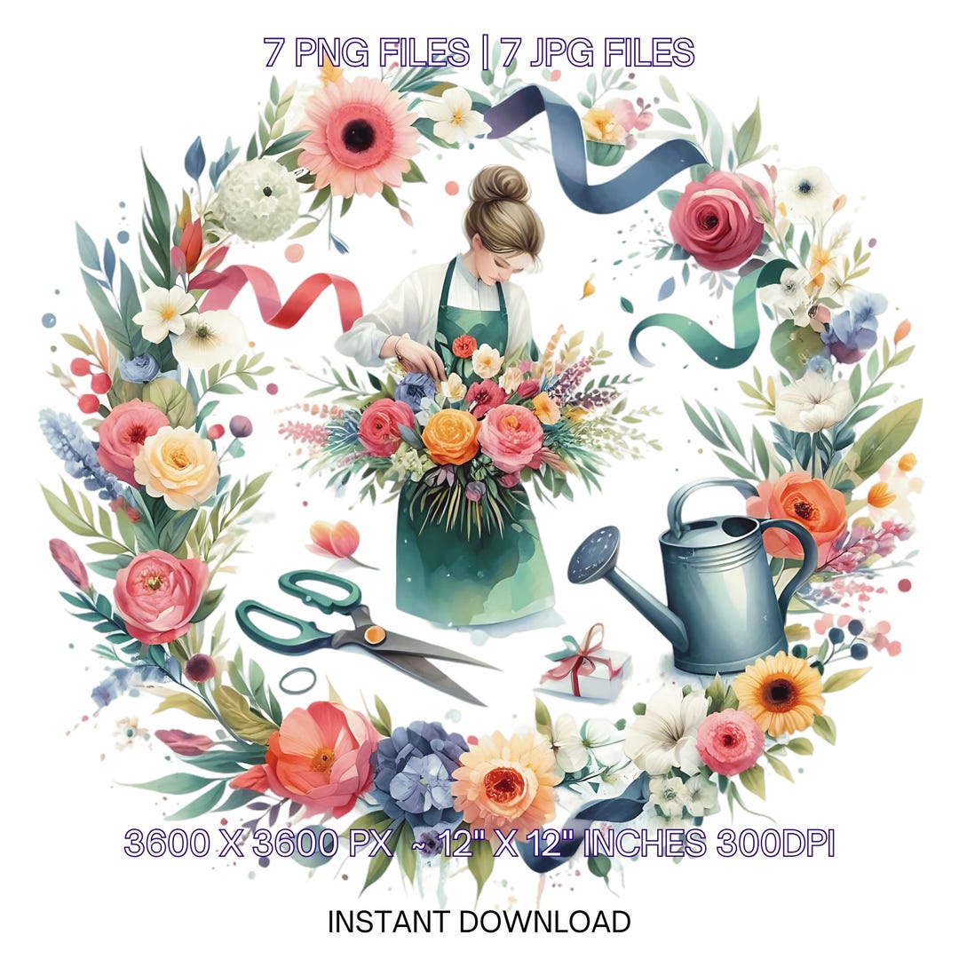 Watercolor Florist Clipart: Floral Job Illustration (PNG & JPG Digital ...