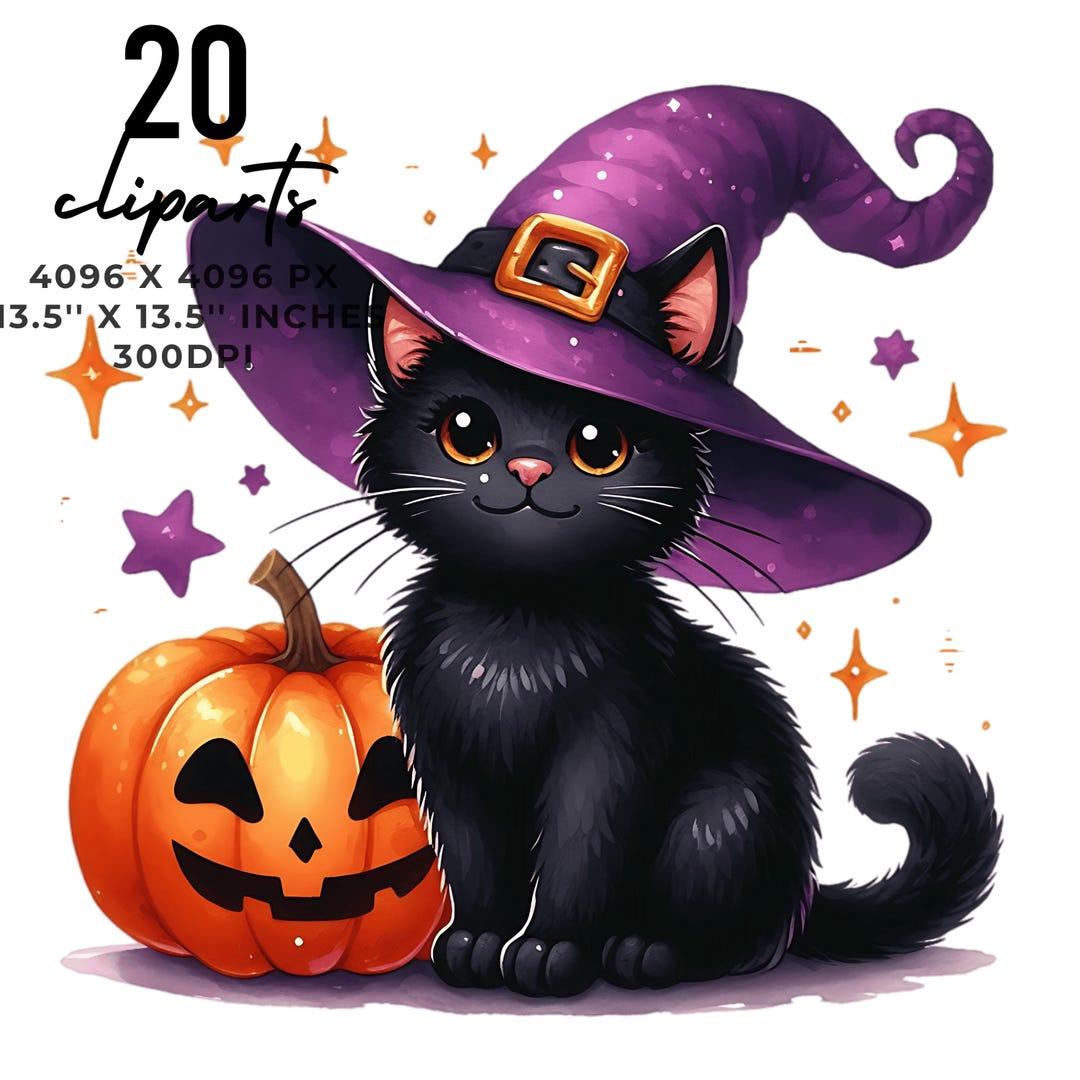 20 Halloween Black Cat Pumpkin Clipart | Halloween PNG Clip Art | Cute ...