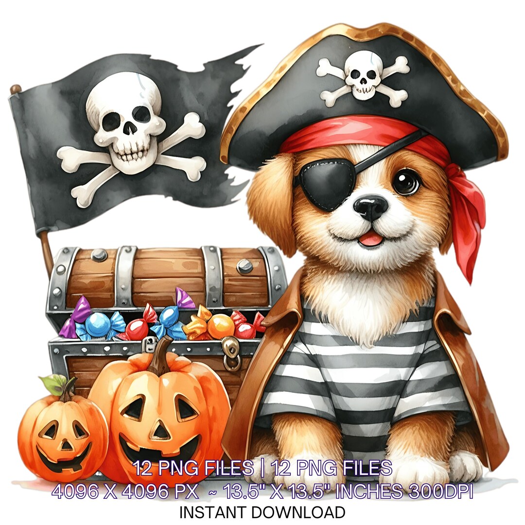12 Pirate Dog Clipart Bundle | Watercolor Halloween Cartoon Dog PNG ...