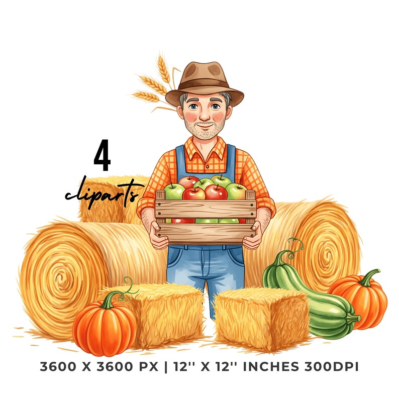 Autumn Harvest Farmer Clipart: Apples, Pumpkins, Hay Bales (JPG & PNG ...