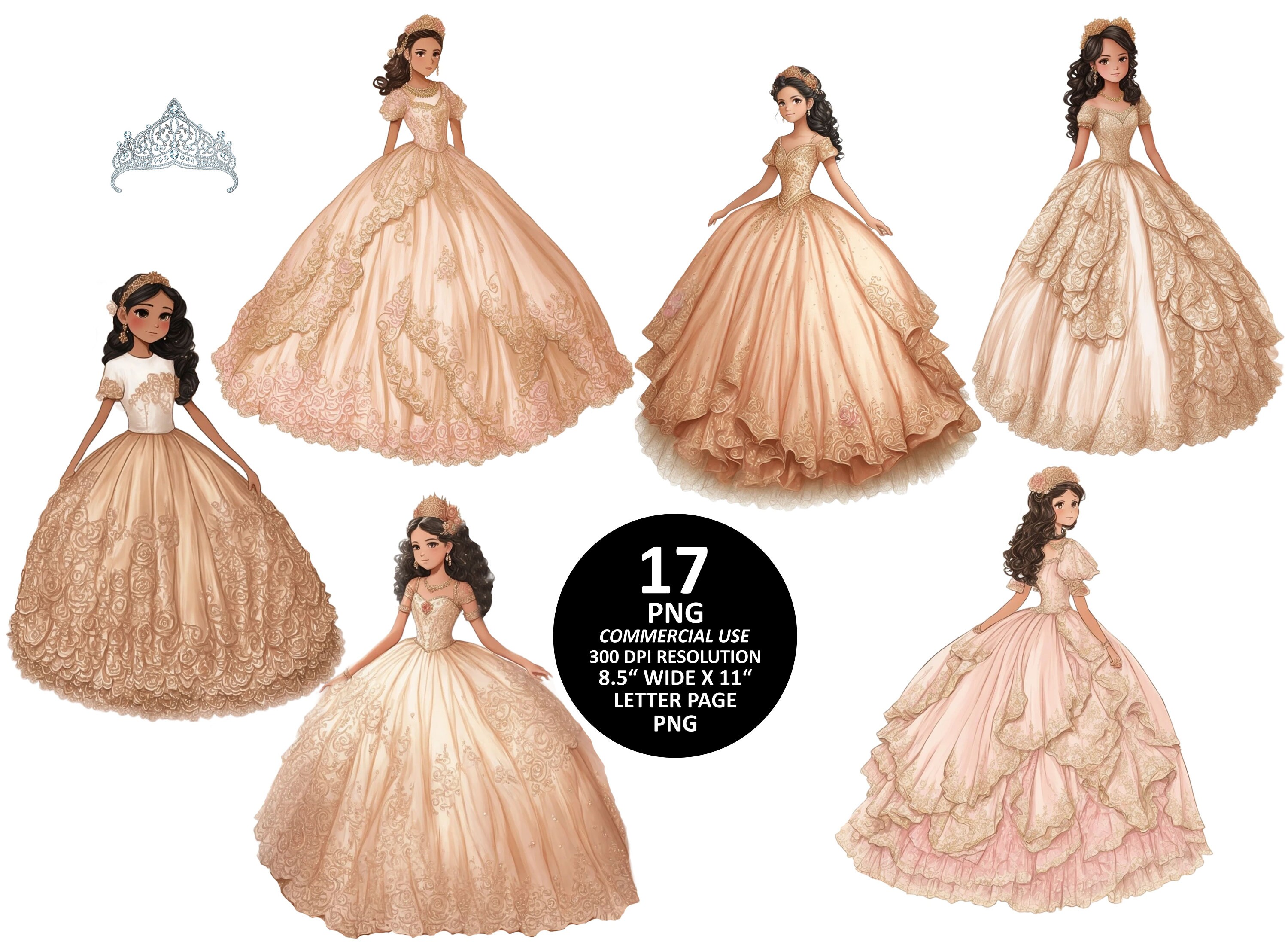 Watercolor Rose Gold Quinceañera Princess Dresses, Princess Tiara PNG ...