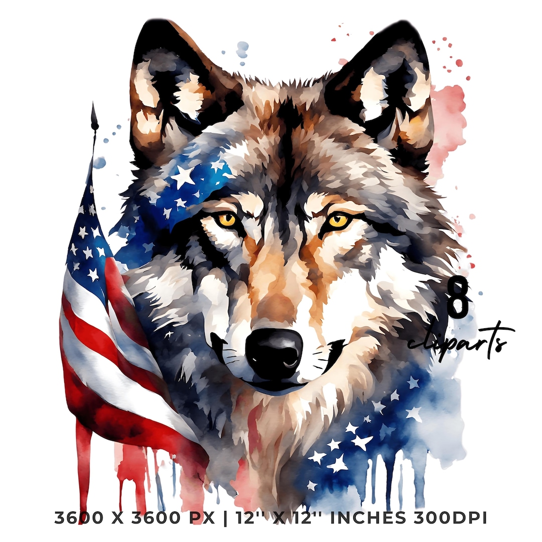 Watercolor WOLF Flag PNG | 8 Patriotic USA Wolf Flag Clipart | United ...