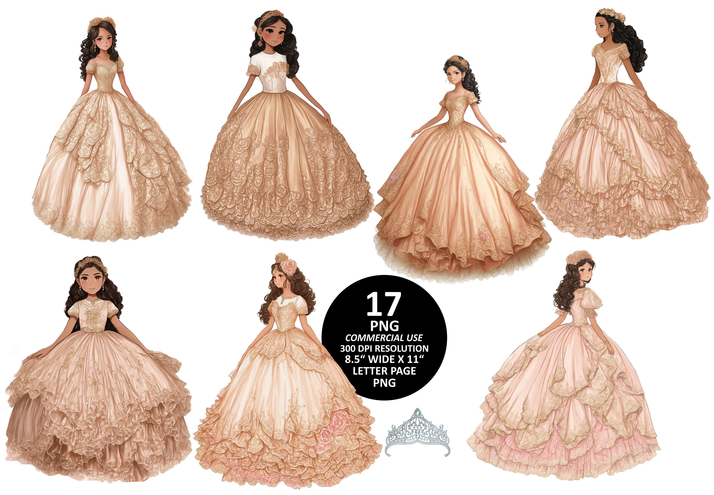 Watercolor Rose Gold Quinceañera Princess Dresses, Princess Tiara PNG ...